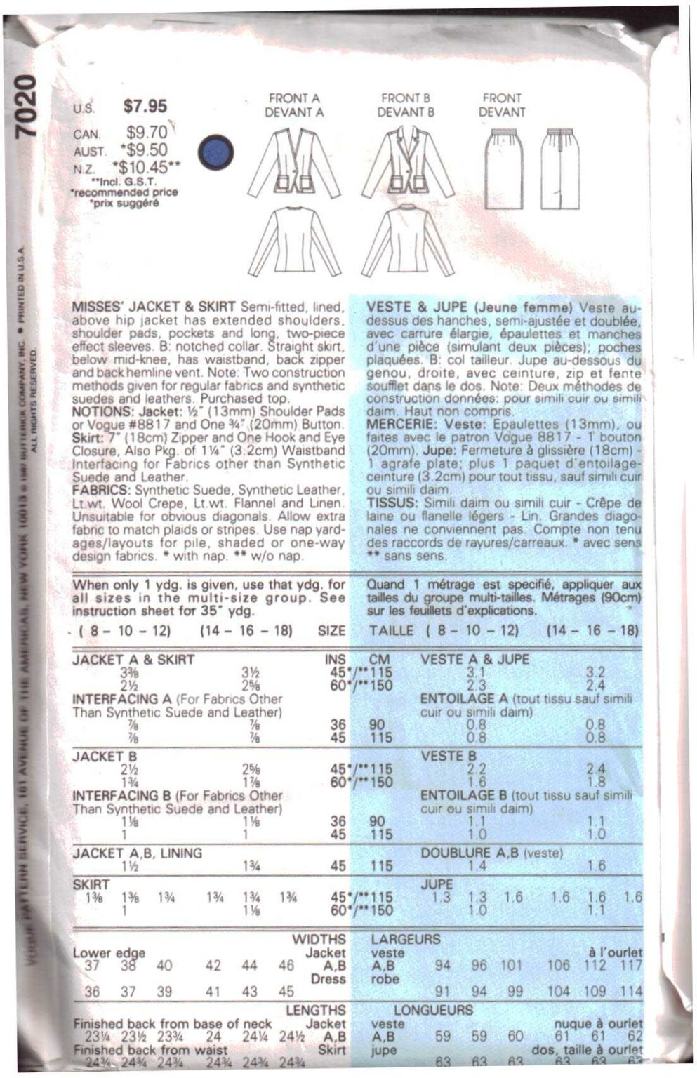 Vogue 7020 Suit - Jacket, Skirt Size: 14-16-18 Uncut Sewing Pattern