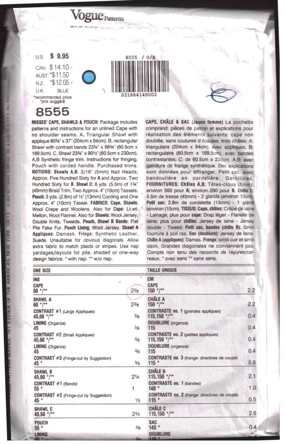 Vogue 8555 Cape, Shawl, Pouch Size: One Used Sewing Pattern