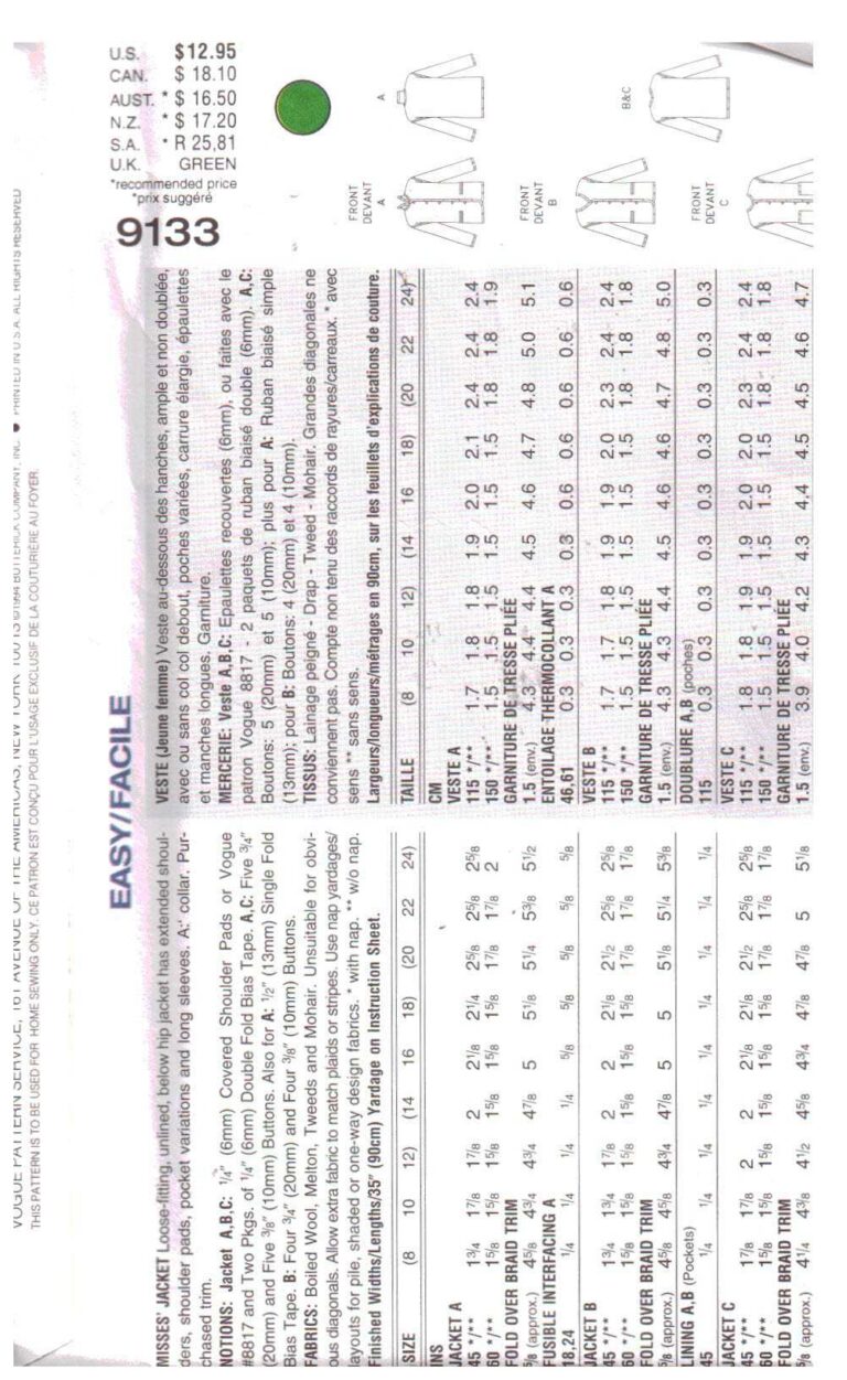 Vogue 9133 Jacket Size: 14-16-18 or 8-10-12 Uncut Sewing Pattern ...