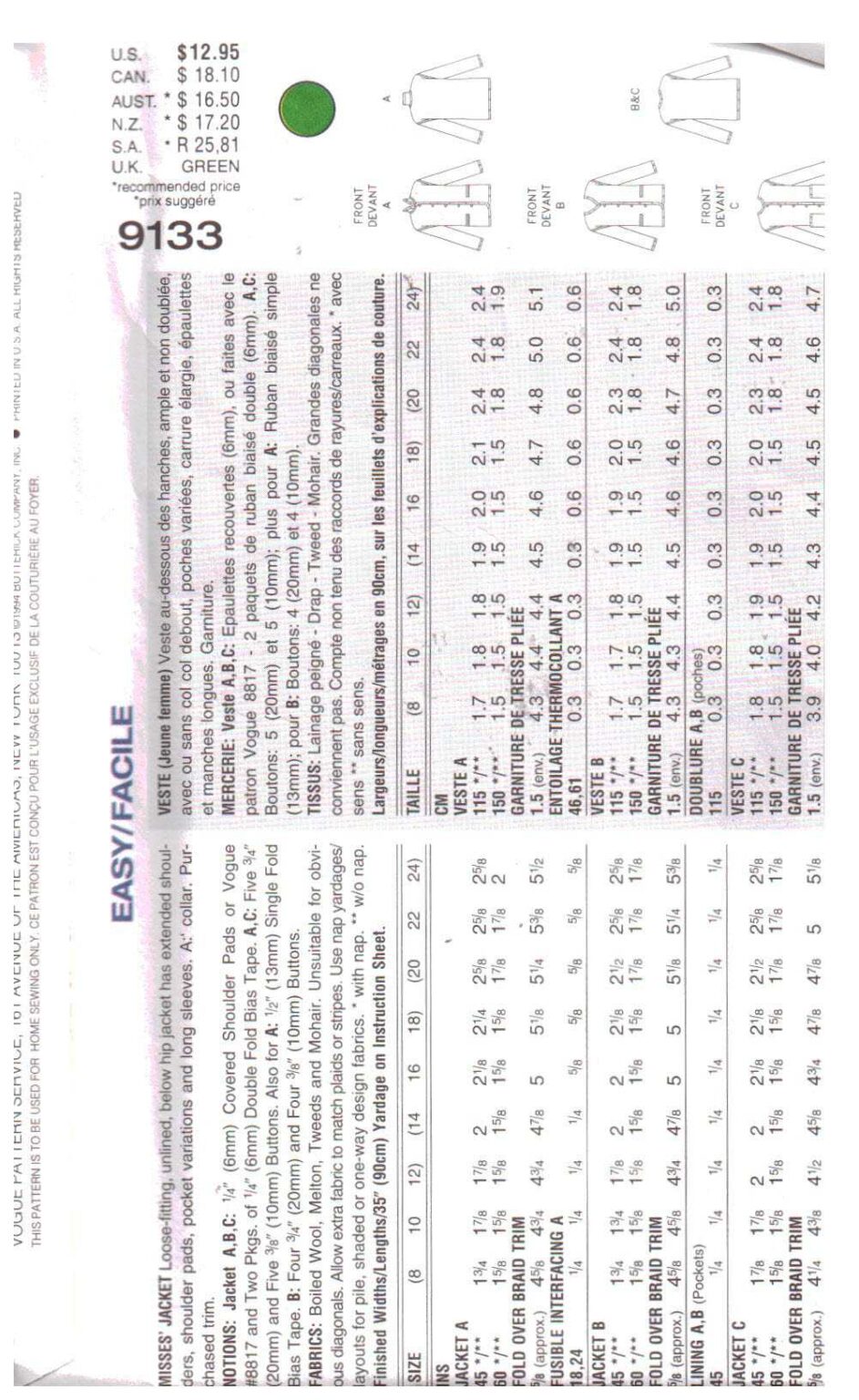 Vogue 9133 Jacket Size: 14-16-18 or 8-10-12 Uncut Sewing Pattern ...