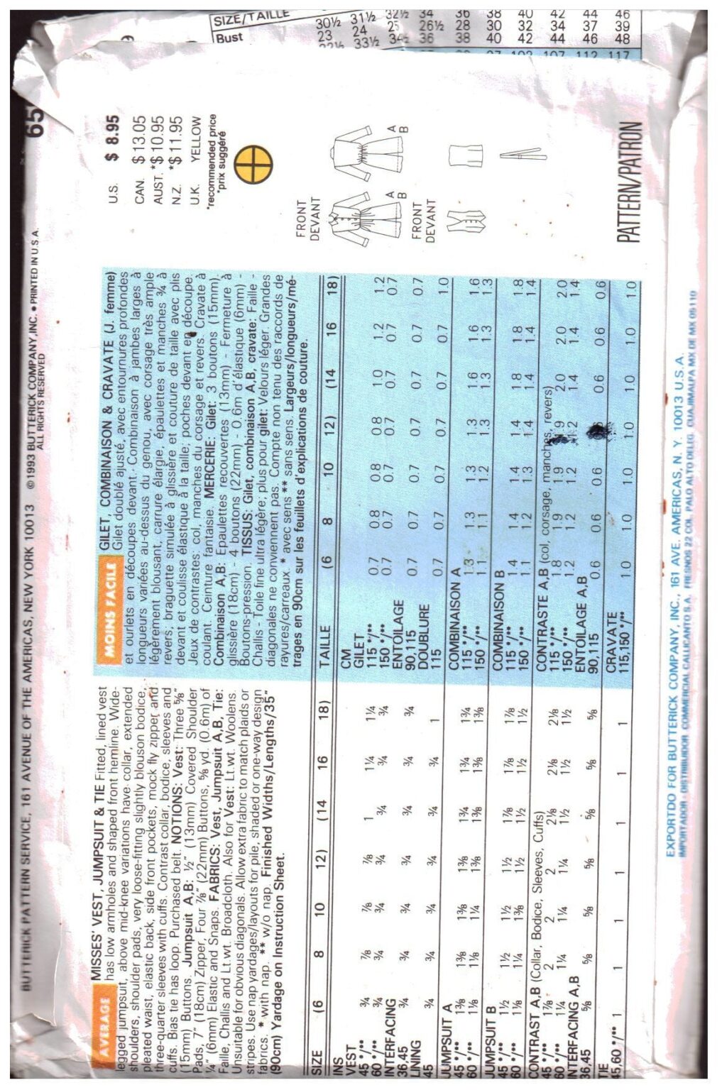 Butterick 6591 Jumpsuit, Vest, Tie Size: 6-8-10-12 Used Sewing Pattern