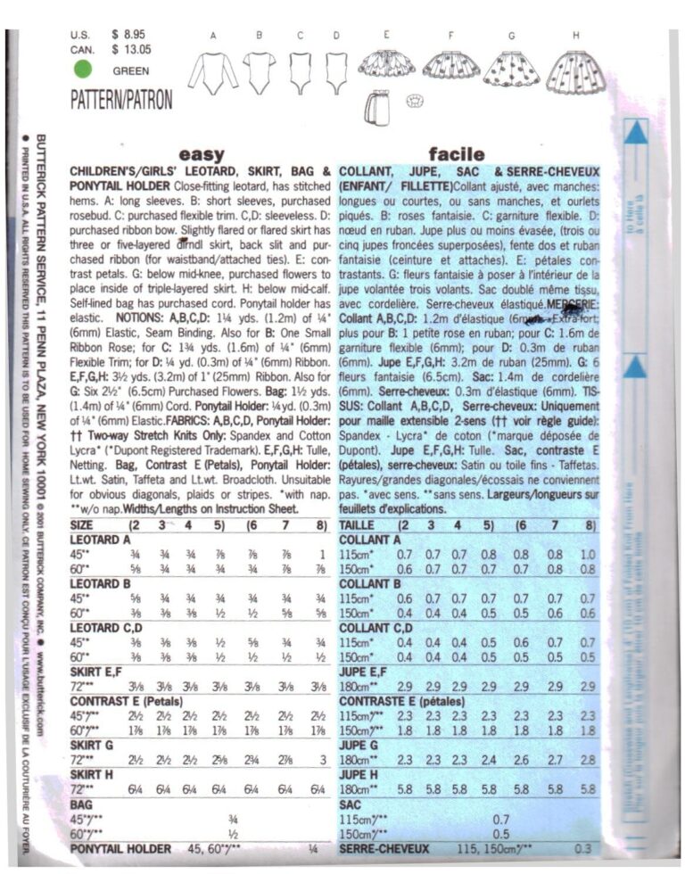 Butterick 6660 Girl's Leotard, Skirts, Bag, Pony Tail Holder Size: 2-3 ...