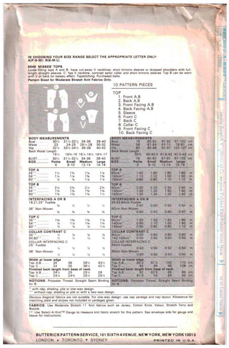 Butterick 6549 Tops Size: B 8/10-12/14-16/18 Uncut Sewing Pattern