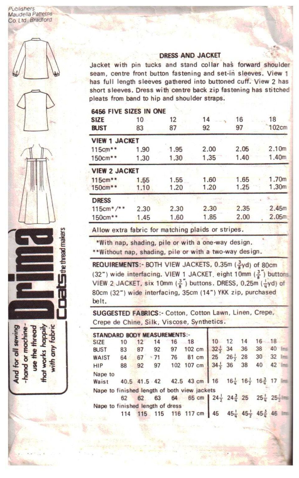 New Look 6456 Dress, Jacket Size: 10-12-14-16-18 Used Sewing Pattern