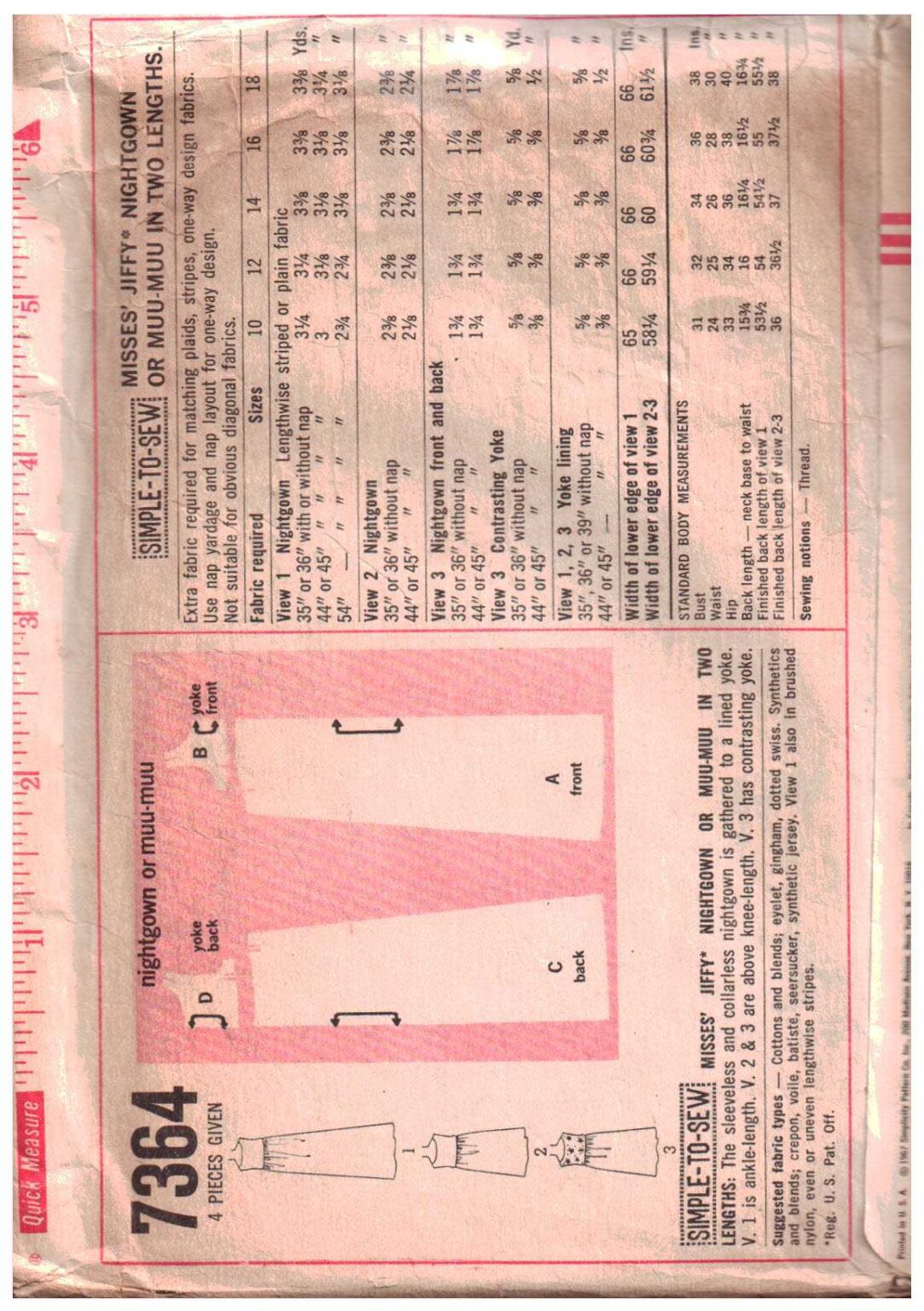 Simplicity 7364 Nightgown Size: 10 Bust 31 Used Sewing Pattern