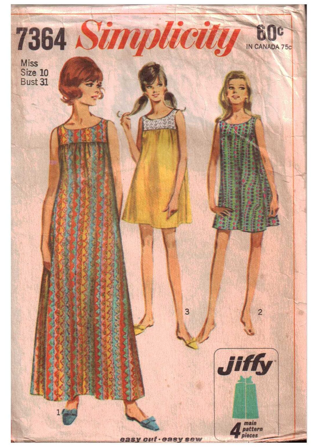 Simplicity 7364 Nightgown Size: 10 Bust 31 Used Sewing Pattern