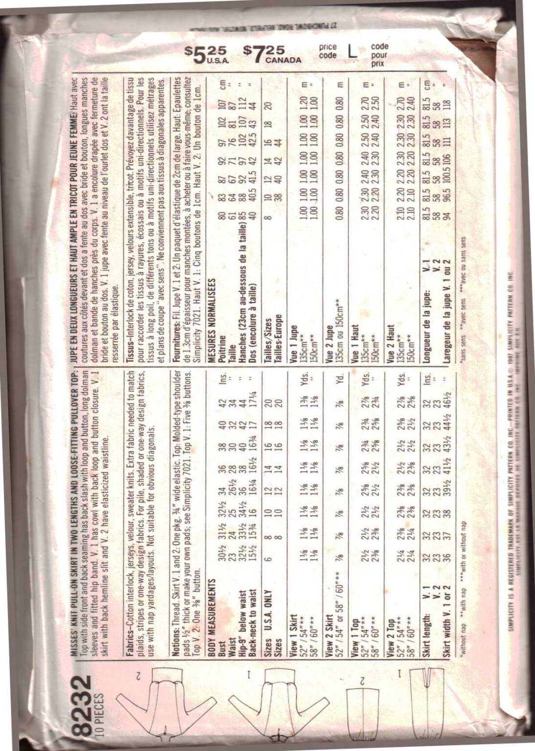 Simplicity 8232 Skirt in two lengths, Top Size: NN 10-16 Used Sewing ...