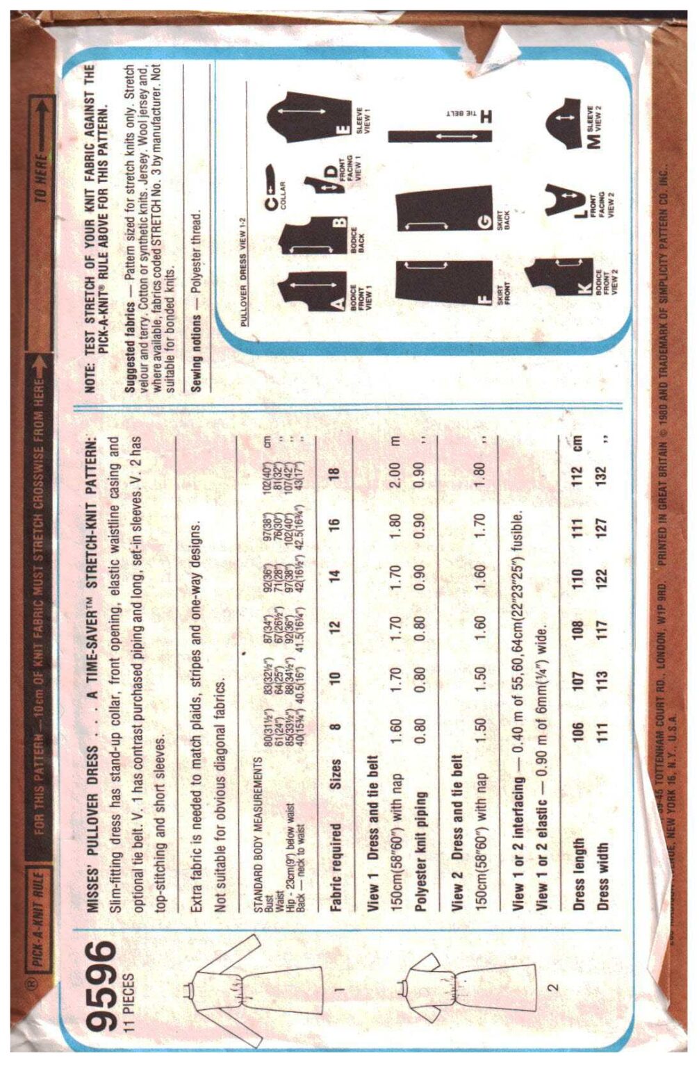 Simplicity 9596 Dress Size: T 14-16-18 Used Sewing Pattern