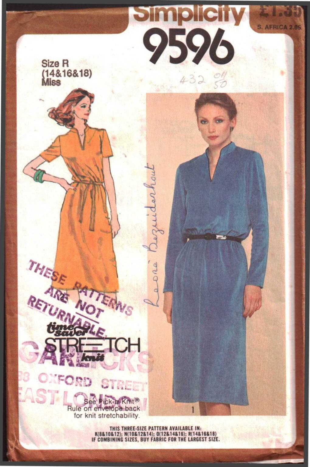 Simplicity 9596 Dress Size: T 14-16-18 Used Sewing Pattern