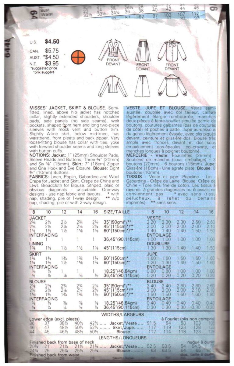 Butterick 6448 Skirt, Blouse, Jacket Size: 16 Used Sewing Pattern