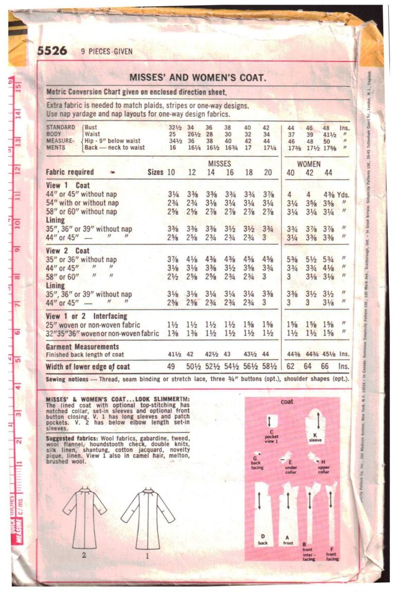 Simplicity 5526 Coat Size: 14 Bust 36" Used Sewing Pattern