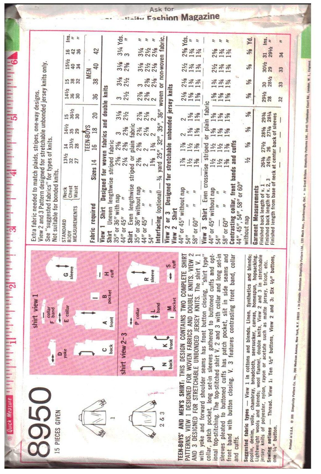 Simplicity 8950 Men's Shirt Size: 36 Used Sewing Pattern