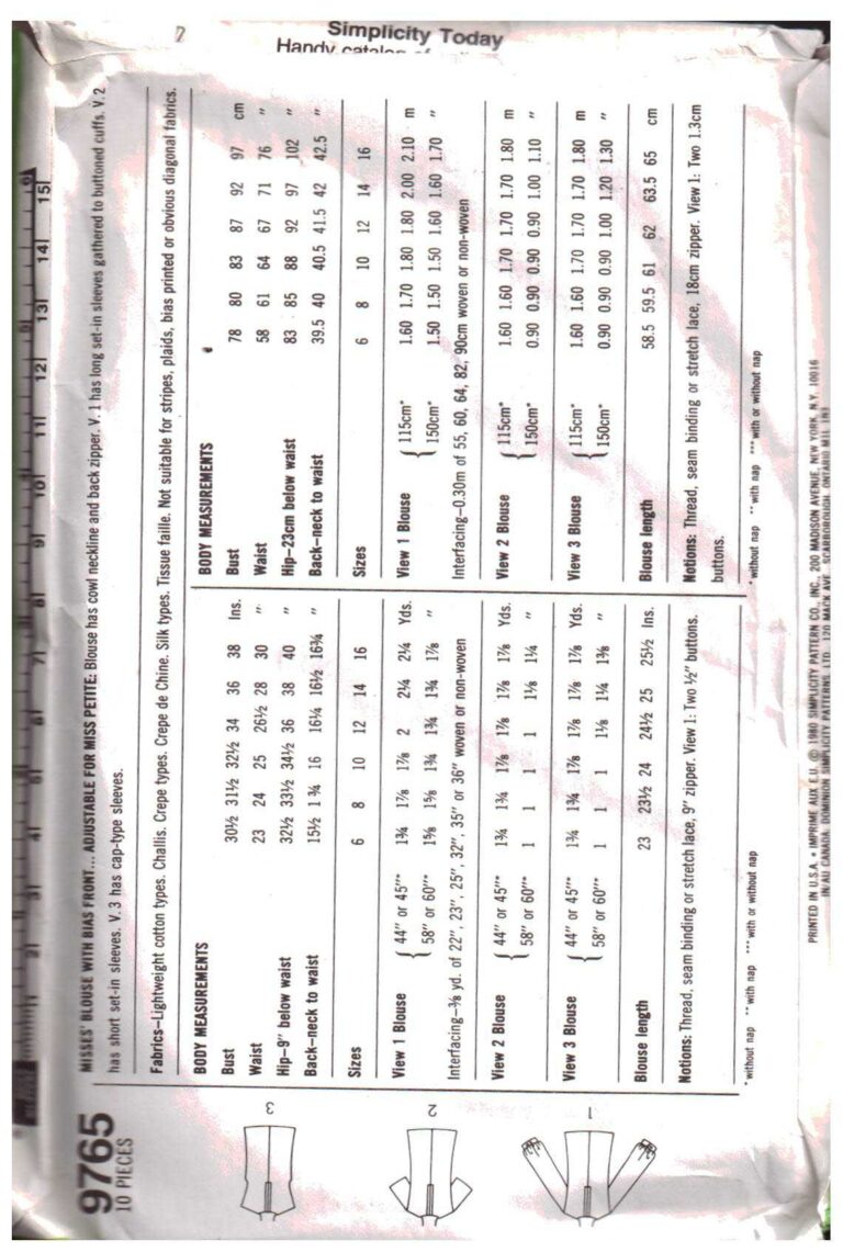 Simplicity 9765 Blouse with bias front Size: 10 Used Sewing Pattern