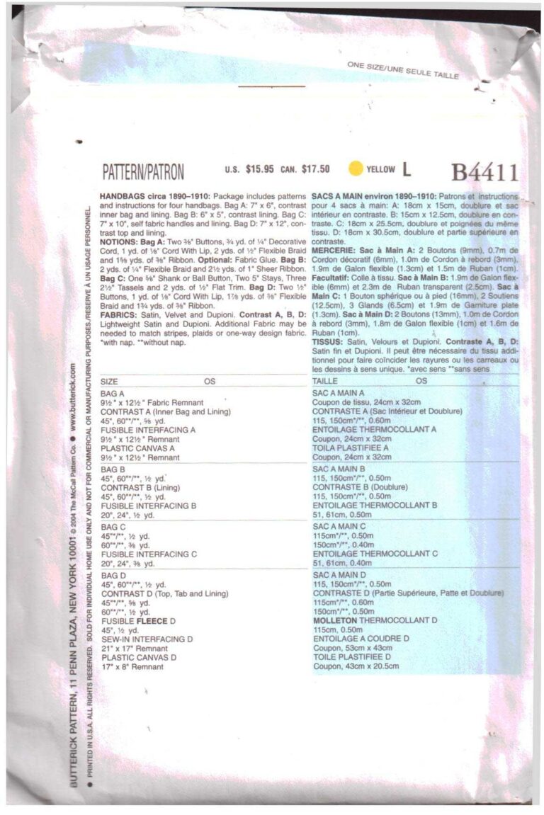 Butterick B4411 Handbags Size: One Uncut Sewing Pattern