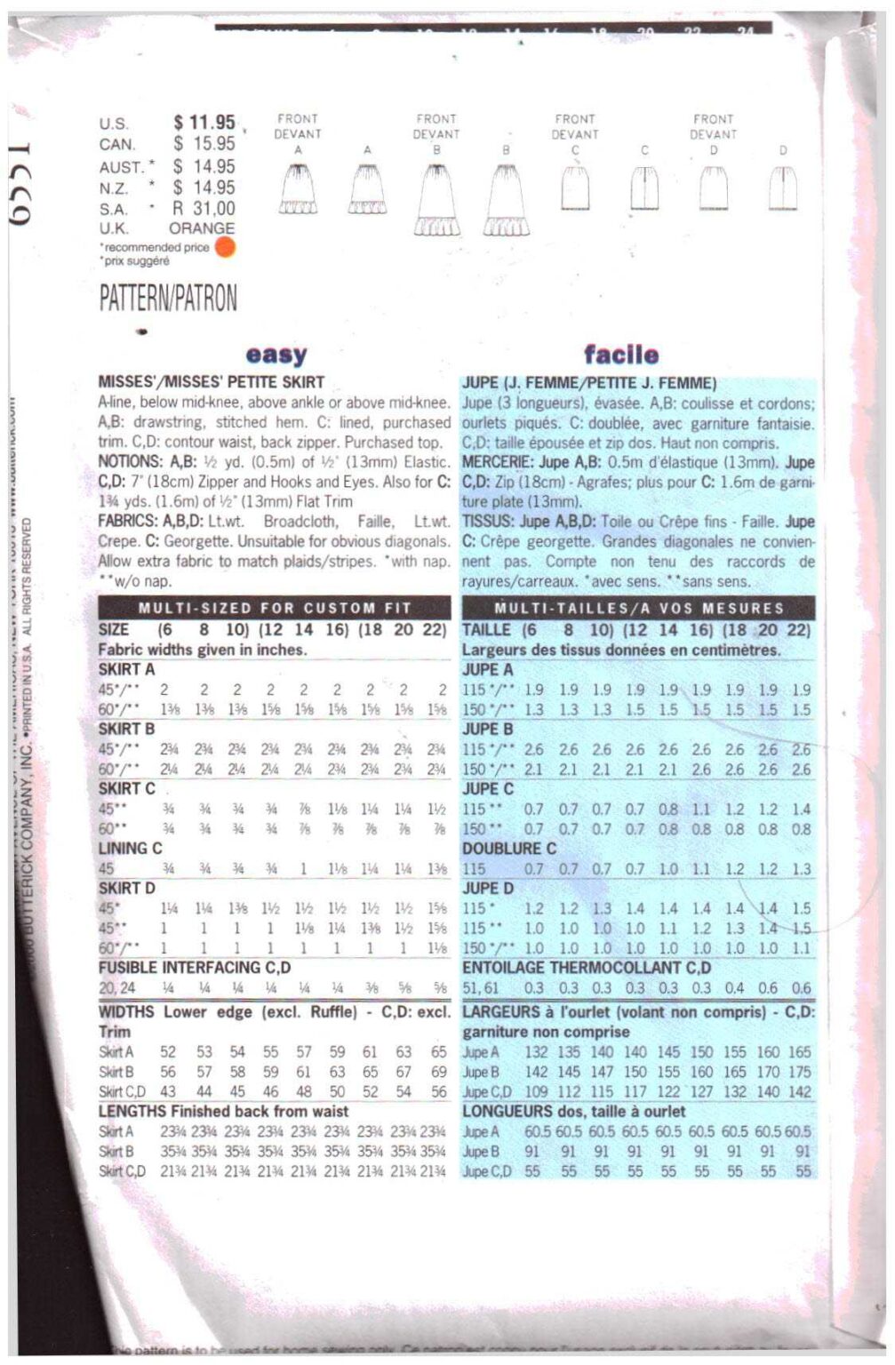 Butterick 6551 Skirts Size: 6-8-10 Uncut Sewing Pattern