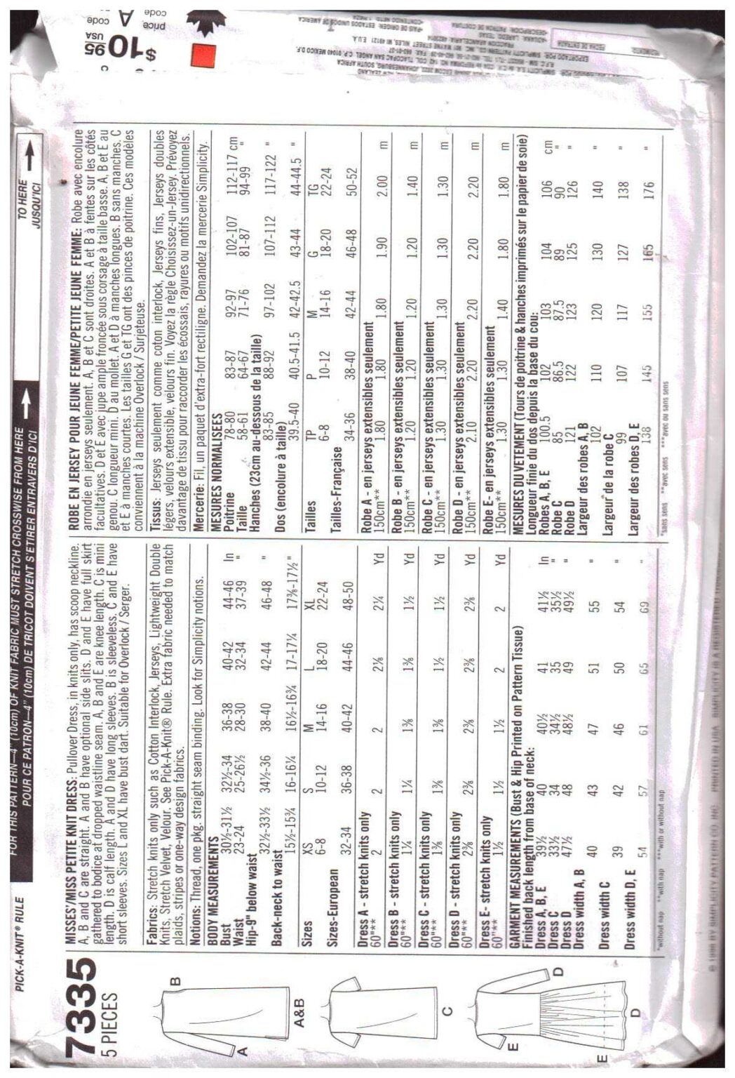 Simplicity 7335 Dress Size: AA XS-S-M Used Sewing Pattern