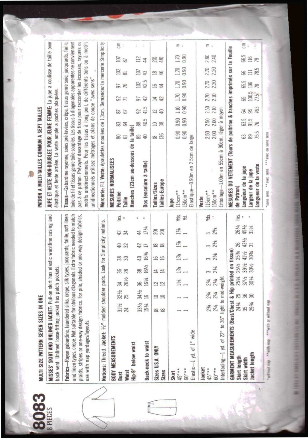 Simplicity 8083 Skirt, Jacket Size: A 8-20 Uncut Sewing Pattern