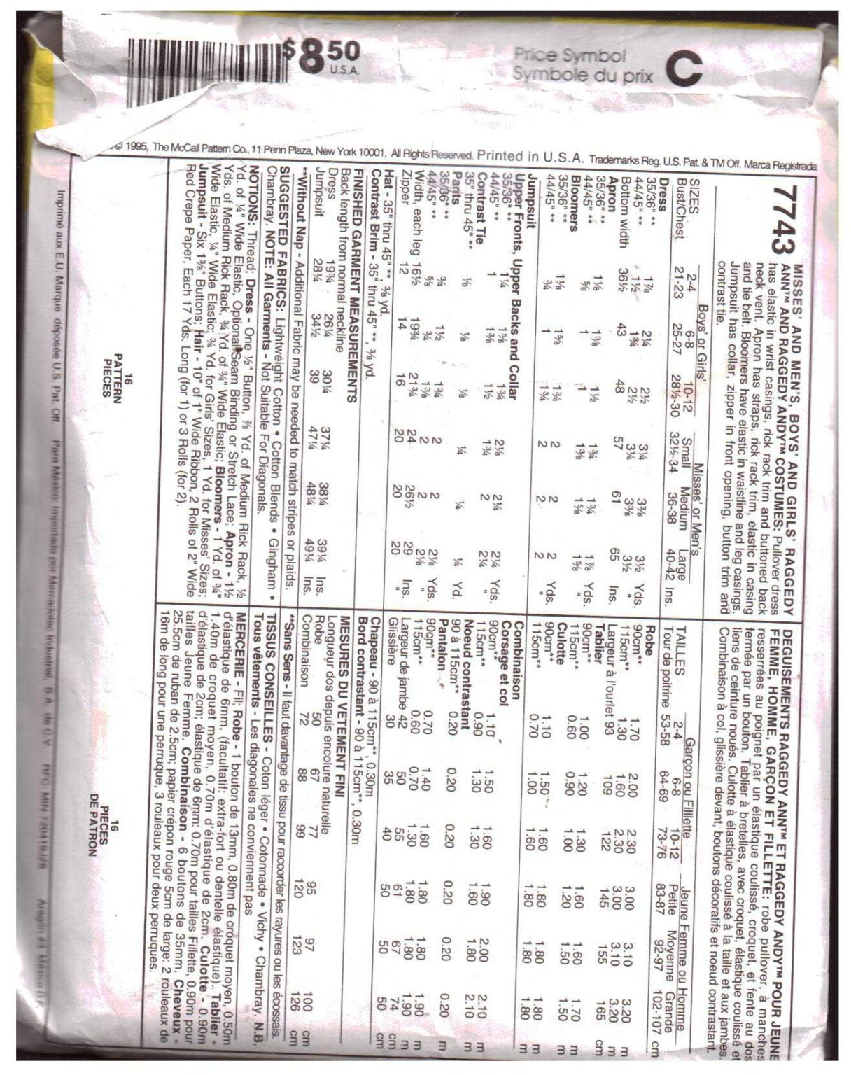McCall's 7743 Girl's, Boy's Raggedy Ann and Andy Costumes Size: 2-4 ...