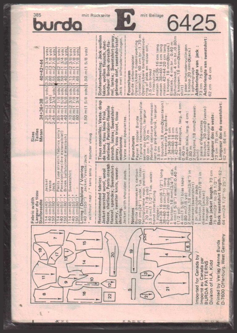 Burda 6425 Jacket, Pants Size: 8-18 Uncut Sewing Pattern