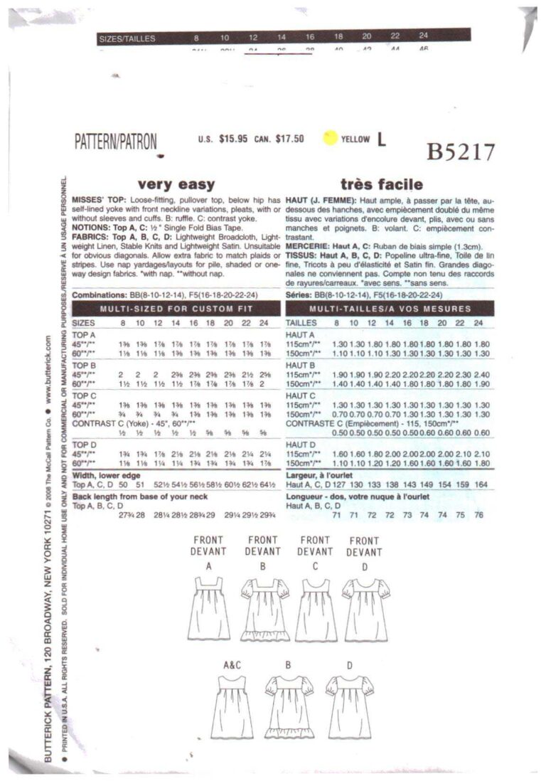 Butterick B5217 Tops Size: BB 8-10-12-14 Uncut Sewing Pattern