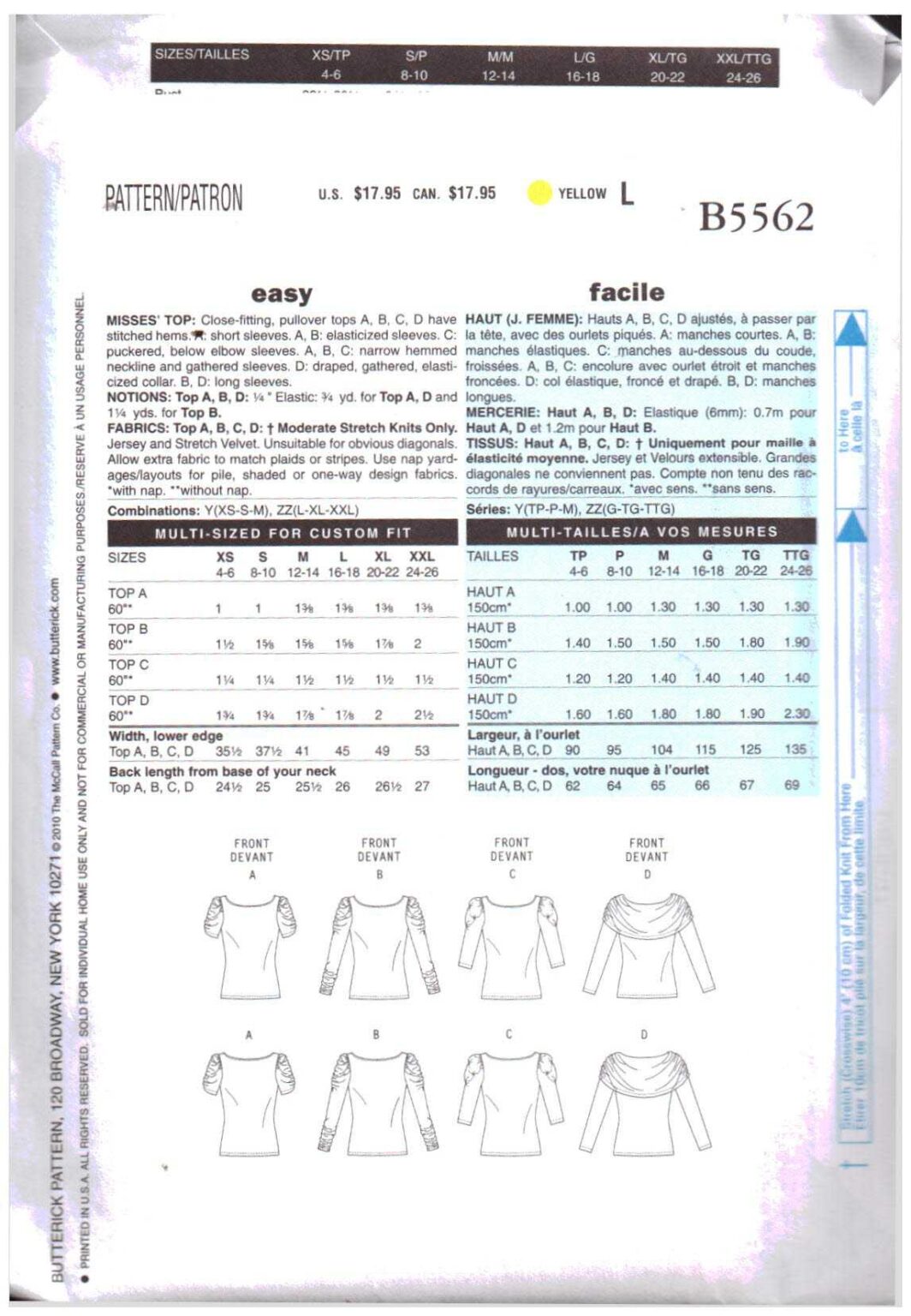 Butterick B5562 Tops Size: ZZ L-XL-XXL Uncut Sewing Pattern