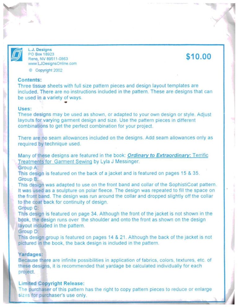 L J Designs 127 Applique, Sculpture Designs Size: One Uncut Sewing Pattern