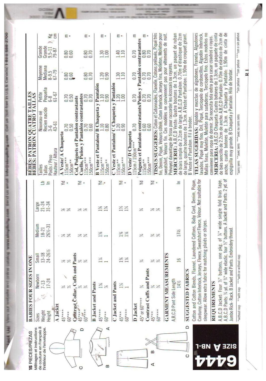 New Look 6444 Babies Pants, Top, Jacket Size: NB-L Uncut Sewing Pattern