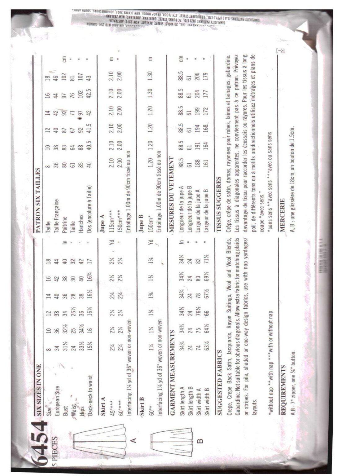 New Look 6454 Skirts Size: 8-18 Uncut Sewing Pattern