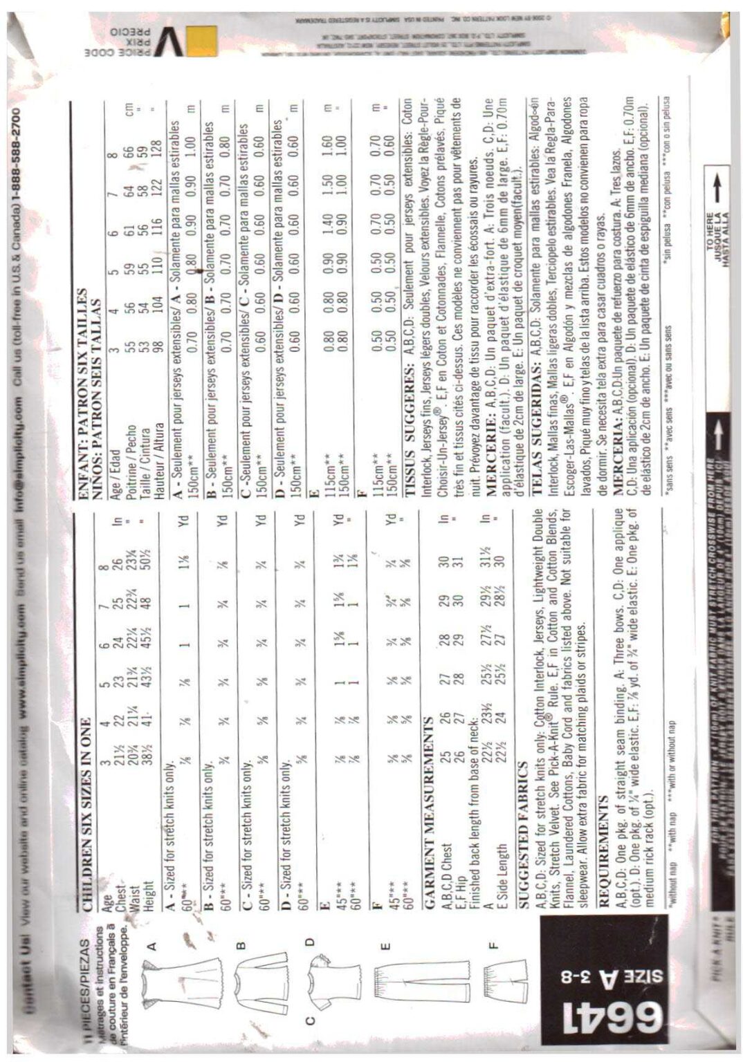 New Look 6641 Girl's, Boy's Pajamas Size: A 3-8 Used Sewing Pattern