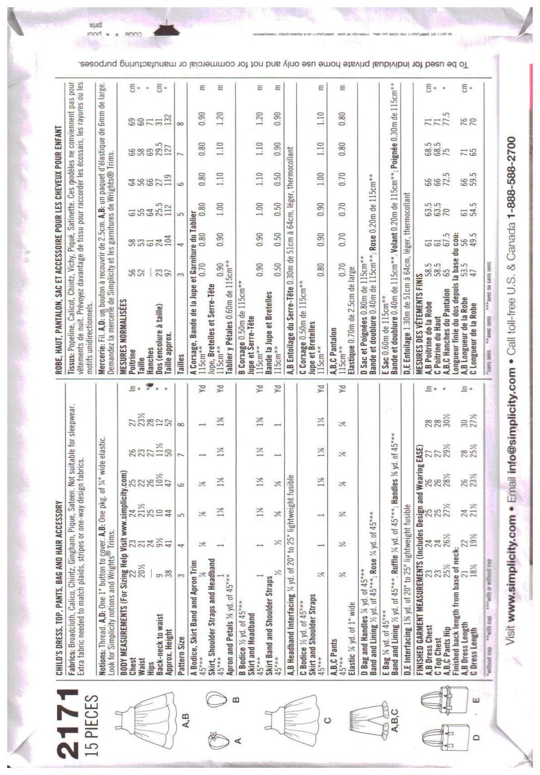 Simplicity 2171 Girl's Dress, Top, Pants, Bag, Hair Accessories Size: A ...