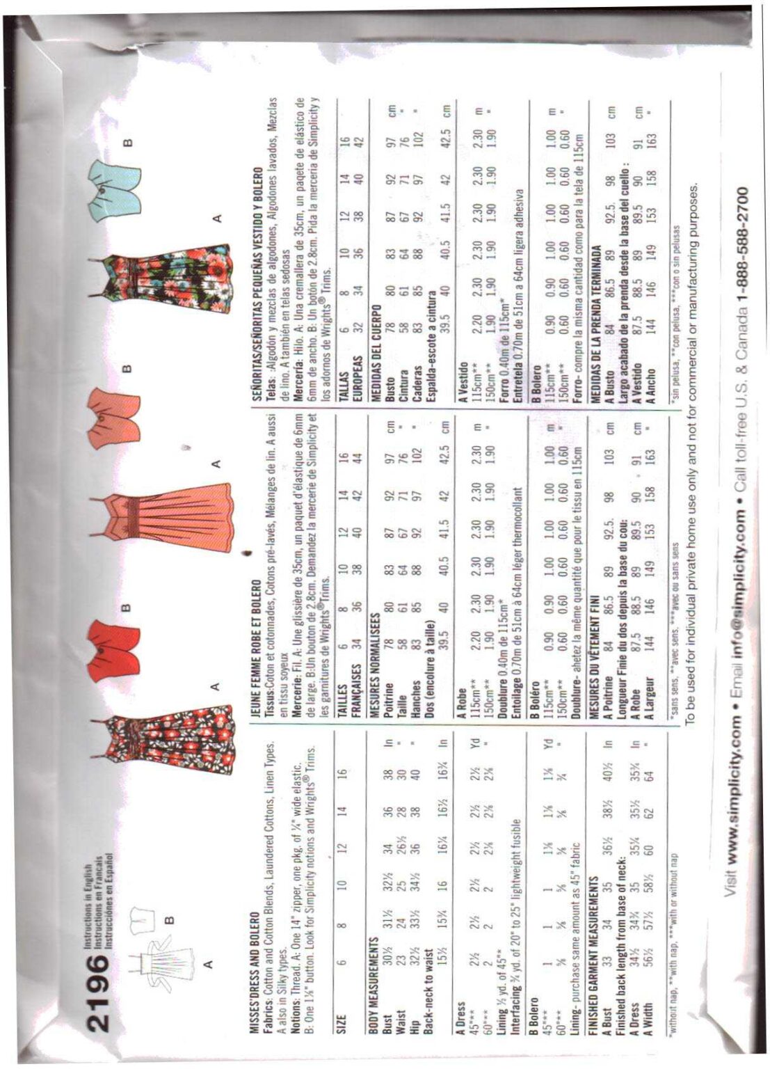 Simplicity 2196 Dress, Bolero Size: A 6-16 Uncut Sewing Pattern