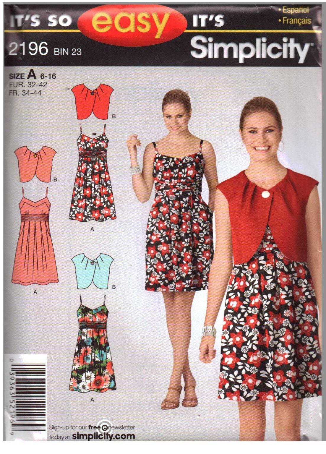 Simplicity 2196 Dress, Bolero Size: A 6-16 Uncut Sewing Pattern