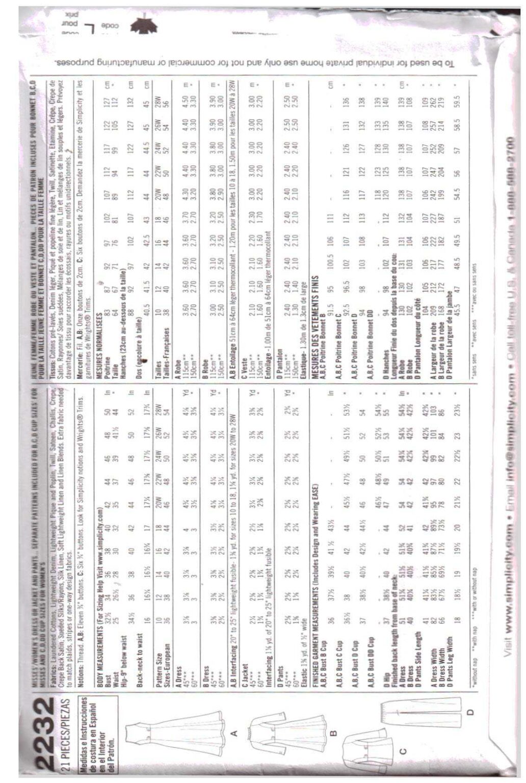 Simplicity 2232 Dress, Jacket, Pants Size: AA 10-12-14-16-18 Uncut ...