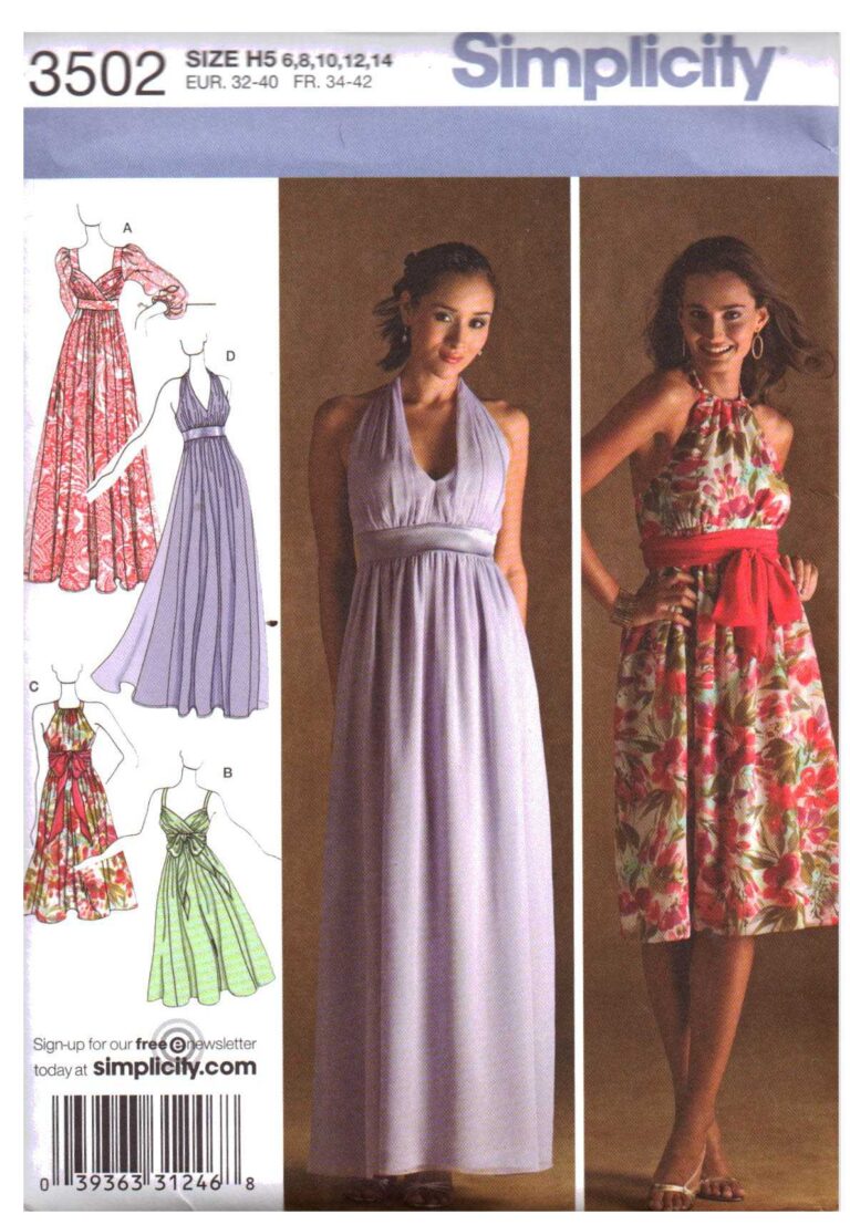 Simplicity 3502 Dress in two lengths, bodice variations, Sash Size: H5 ...
