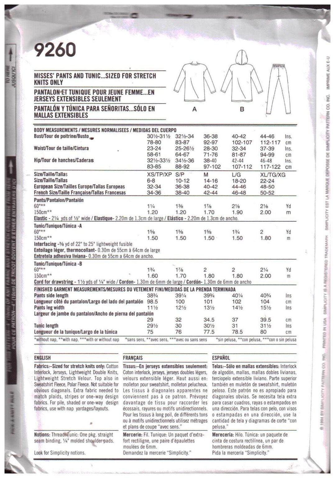 Simplicity 9260 Pants, Tunic Size: A XS-S-M-L-XL Uncut Sewing Pattern