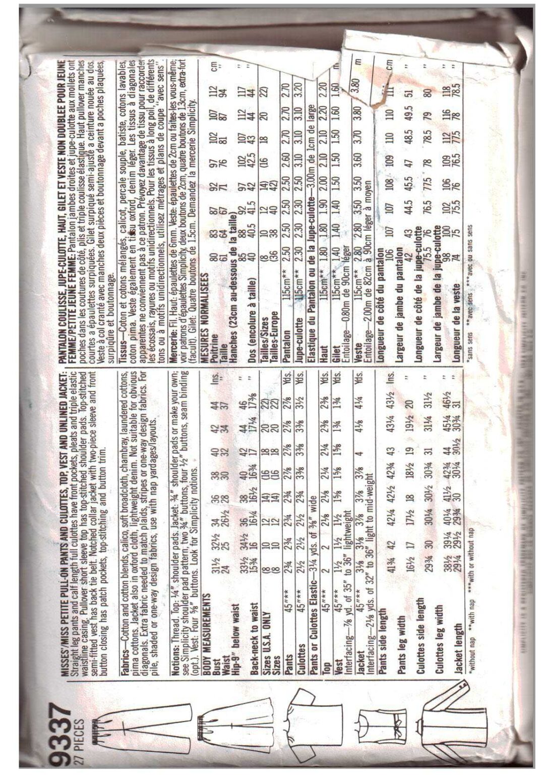 Simplicity 9337 Pants, Culottes, Top, Vest, Jacket Size: KK 8-14 Uncut ...