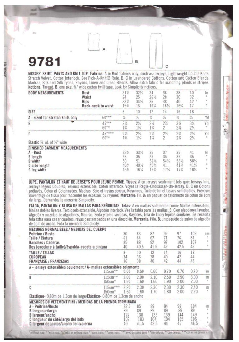 Simplicity 9781 Skirt, Pants, Top Size: A 8-18 Uncut Sewing Pattern