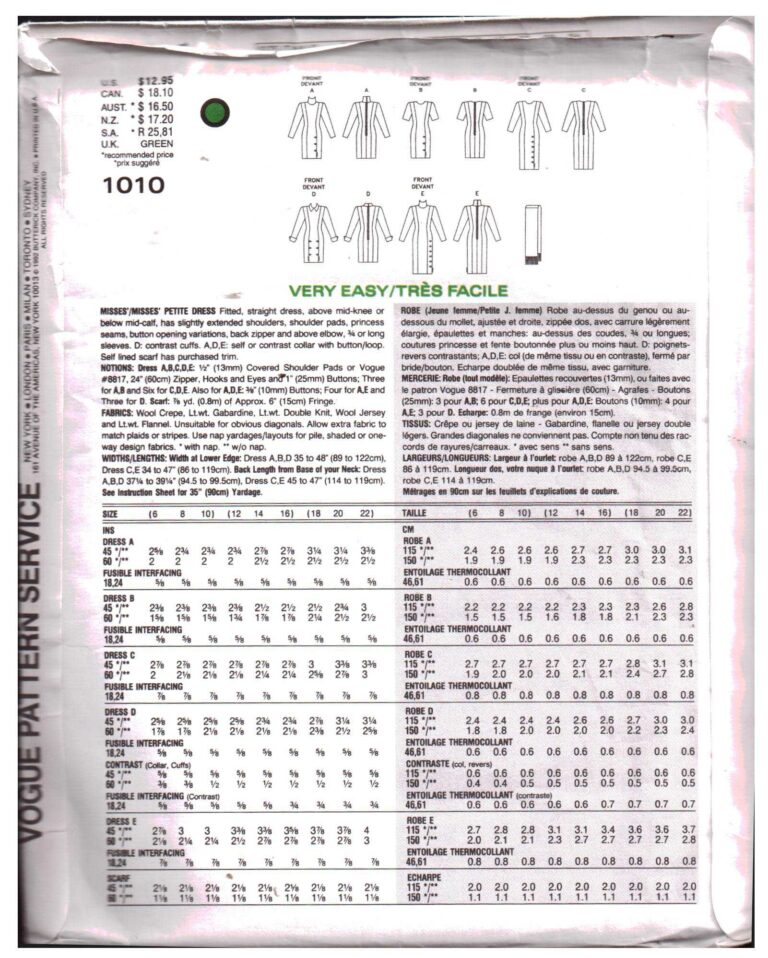 Vogue 1010 Dress Size: 12-14-16 Uncut Sewing Pattern
