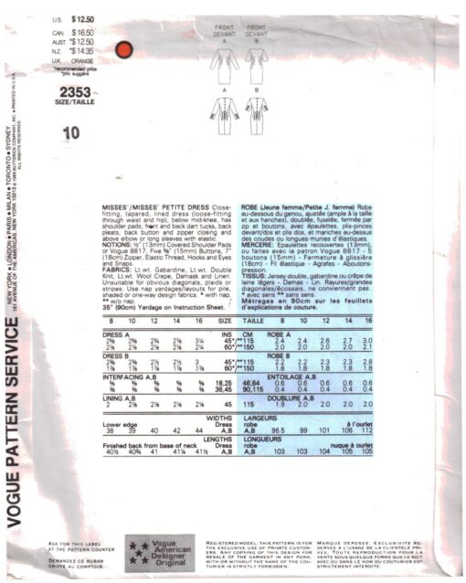 Vogue 2353 Dress by Geoffrey Beene Size: 10 Uncut Sewing Pattern