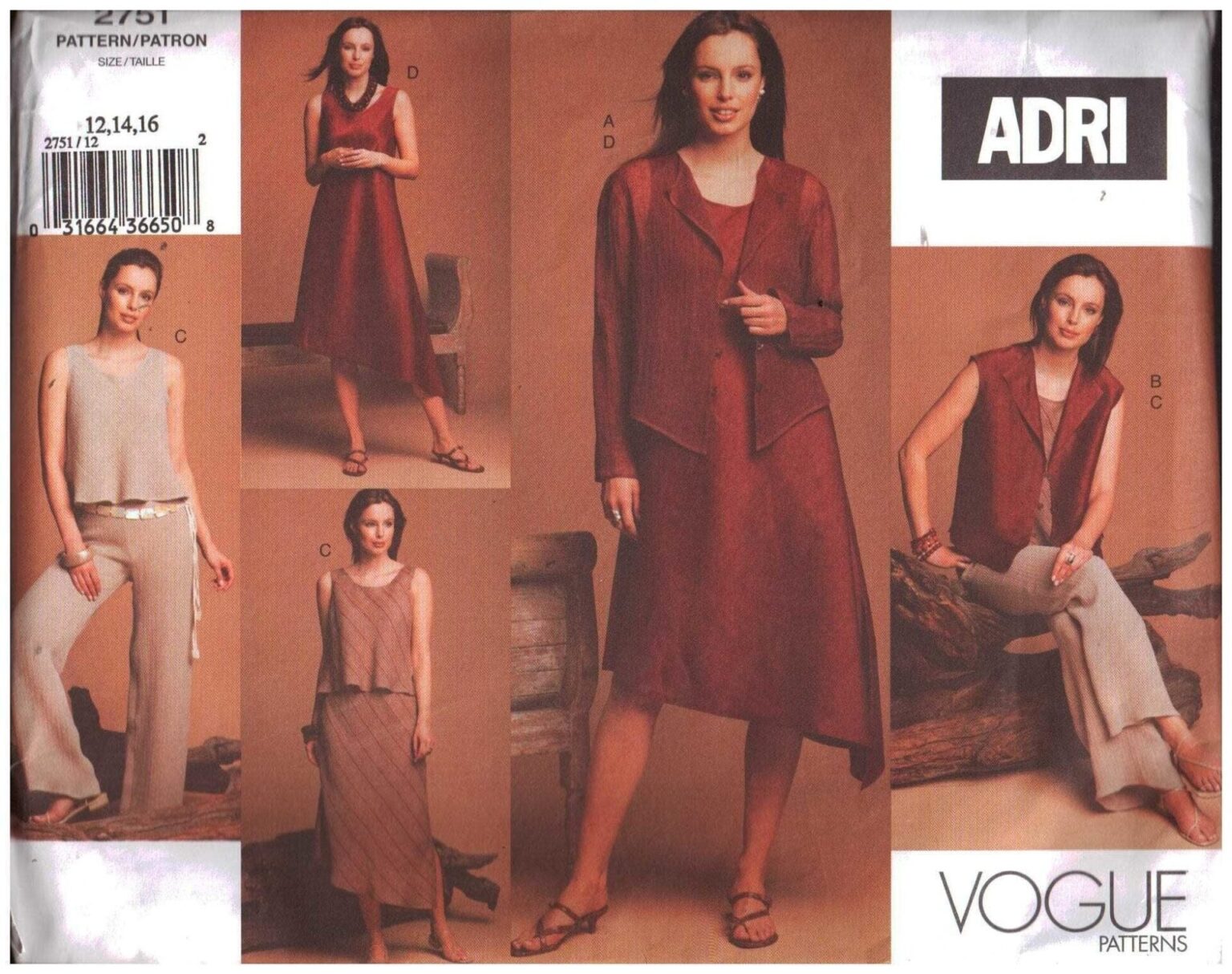 Vogue 2751 Jacket, Vest, Top, Dress, Skirt, Pants Size: 12-14-16 Uncut ...