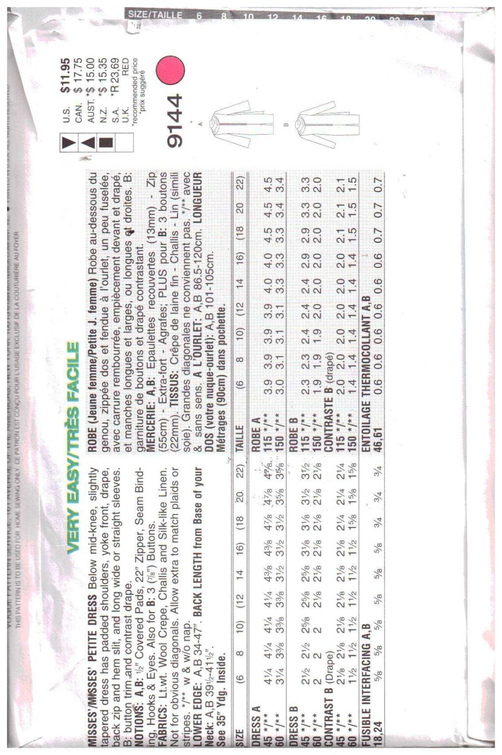 Vogue 9144 Sewing Pattern: Size 12-14-16 Uncut