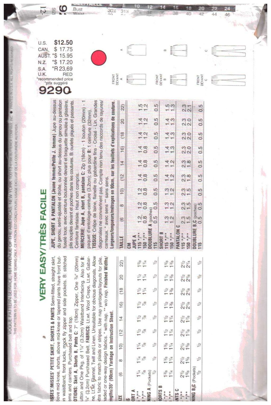 Vogue 9290 Skirt, Pants, Shorts Size: 12-14-16 Used Sewing Pattern