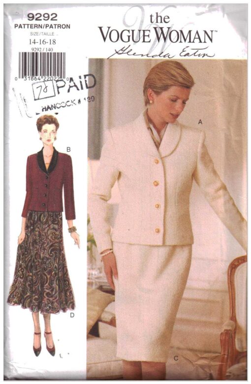 Vogue 9292 Suit - Jacket, Skirt Size: 14-16-18 Uncut Sewing Pattern