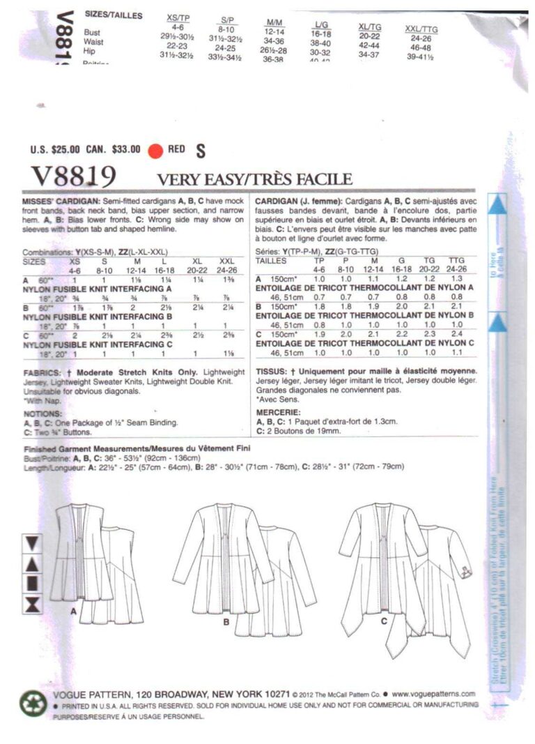 Vogue V8819 Cardigan Size: Y XS-S-M Uncut Sewing Pattern