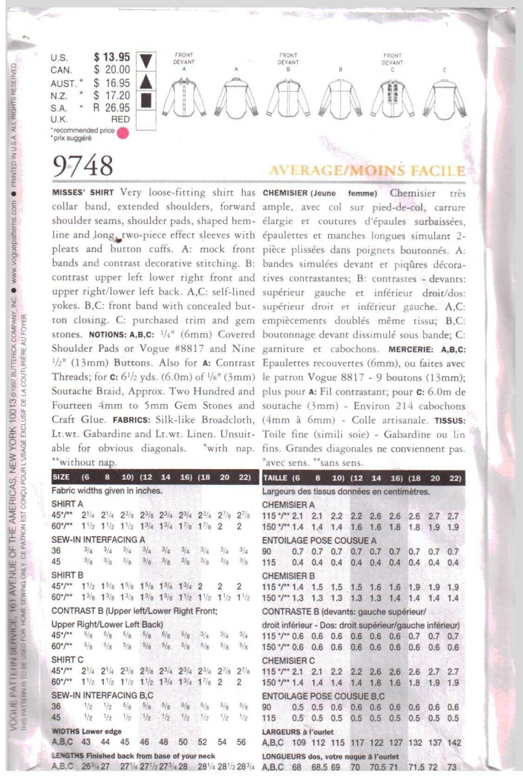 Vogue 9748 Shirt Size: 6-8-10 Uncut Sewing Pattern