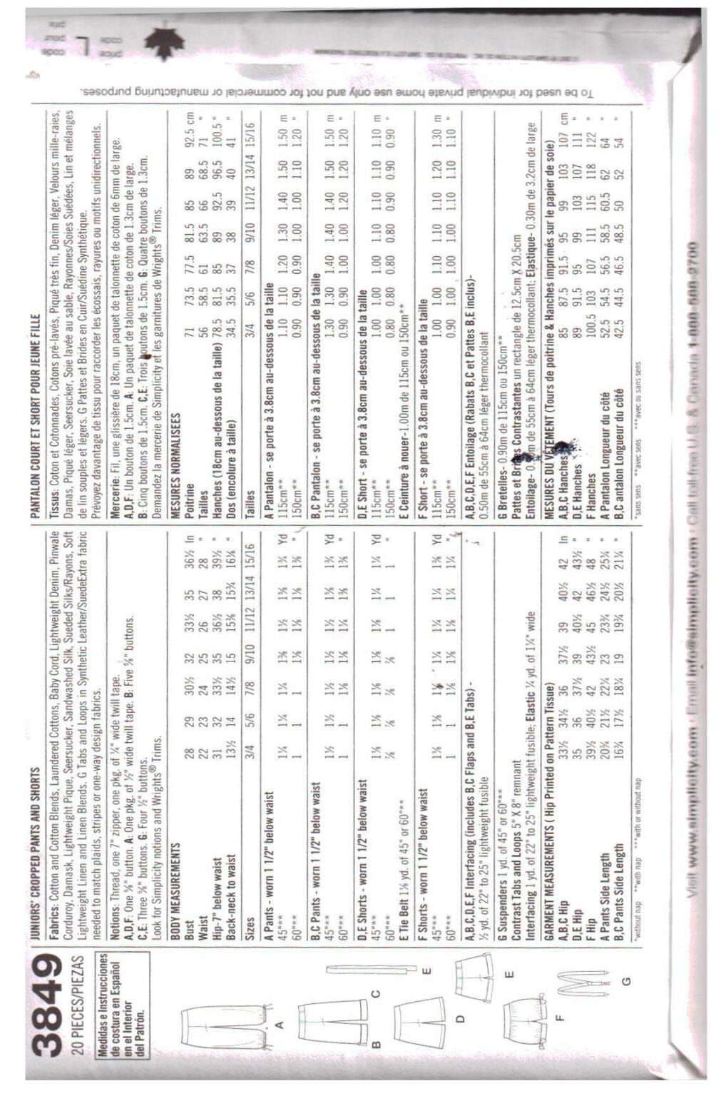 Simplicity 3849 Junior's Cropped Pants, Shorts Size: BB 11/12-15/16 ...