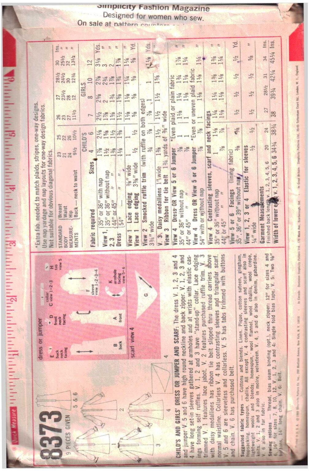 Simplicity 8373 Girls' Dress, Jumper, Scarf Size: 12 Breast 30 Used ...