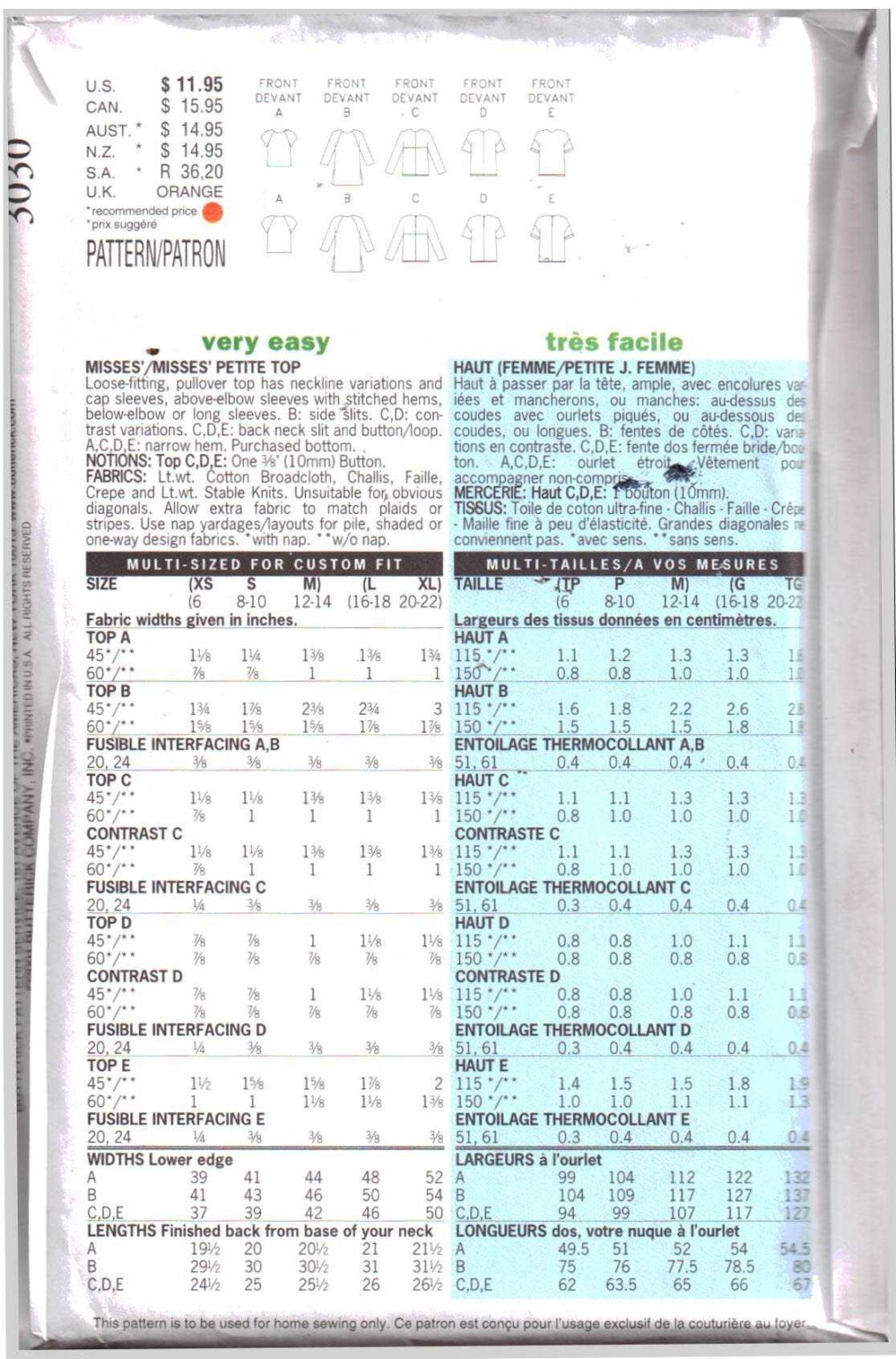 Butterick 3030 Top Size: XS-S-M Uncut Sewing Pattern