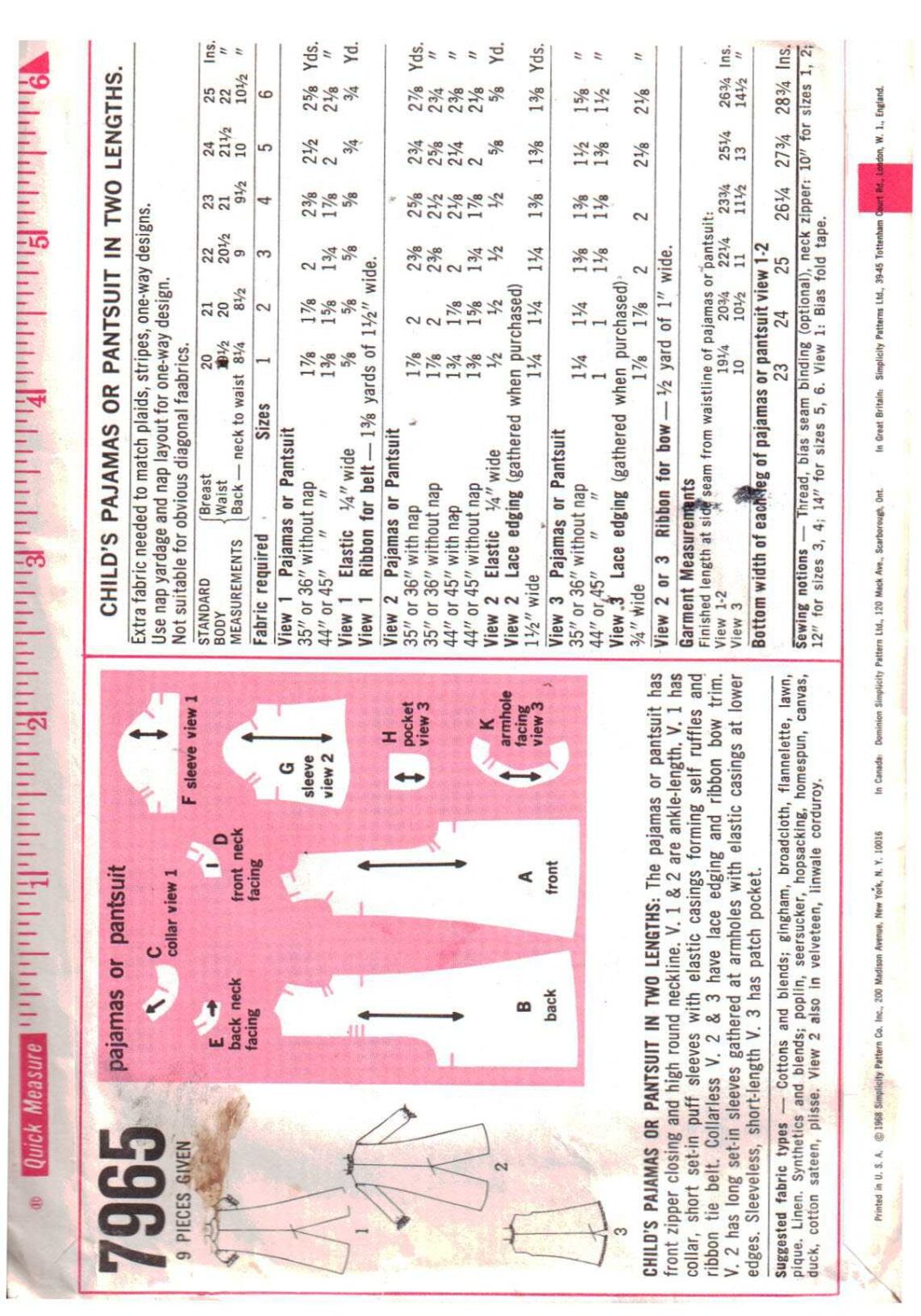 Simplicity 7965 Girl's Pajamas Size: 2 Used Sewing Pattern