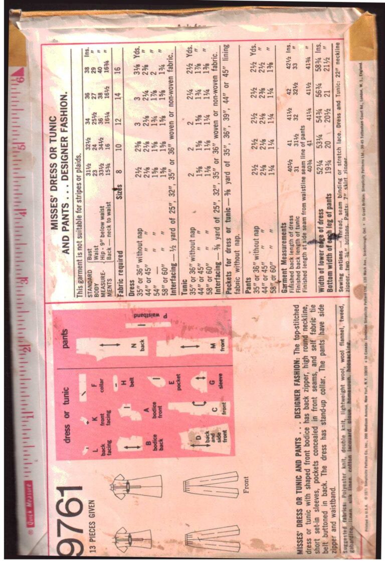 Simplicity 9761 Dress, Tunic, Pants Size: 12 Bust 34 Waist 25.5 Uncut ...